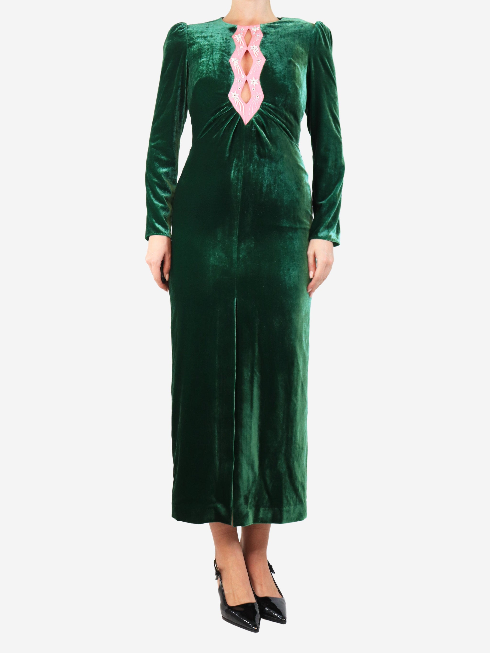 Saloni pre-owned green stretch velvet maxi dress - size UK 8 | Sign of ...