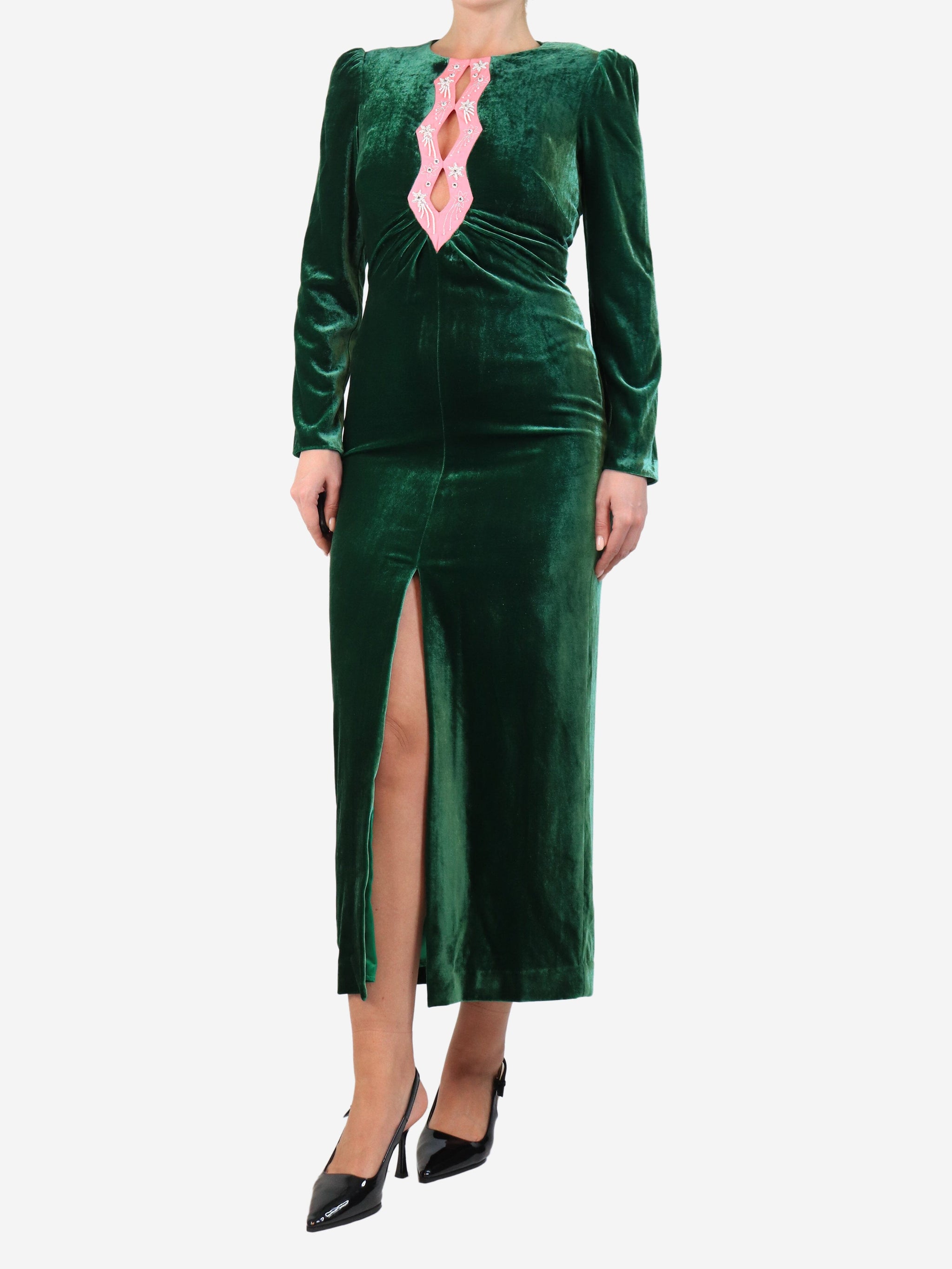 Saloni pre-owned green stretch velvet maxi dress - size UK 8 | Sign of ...