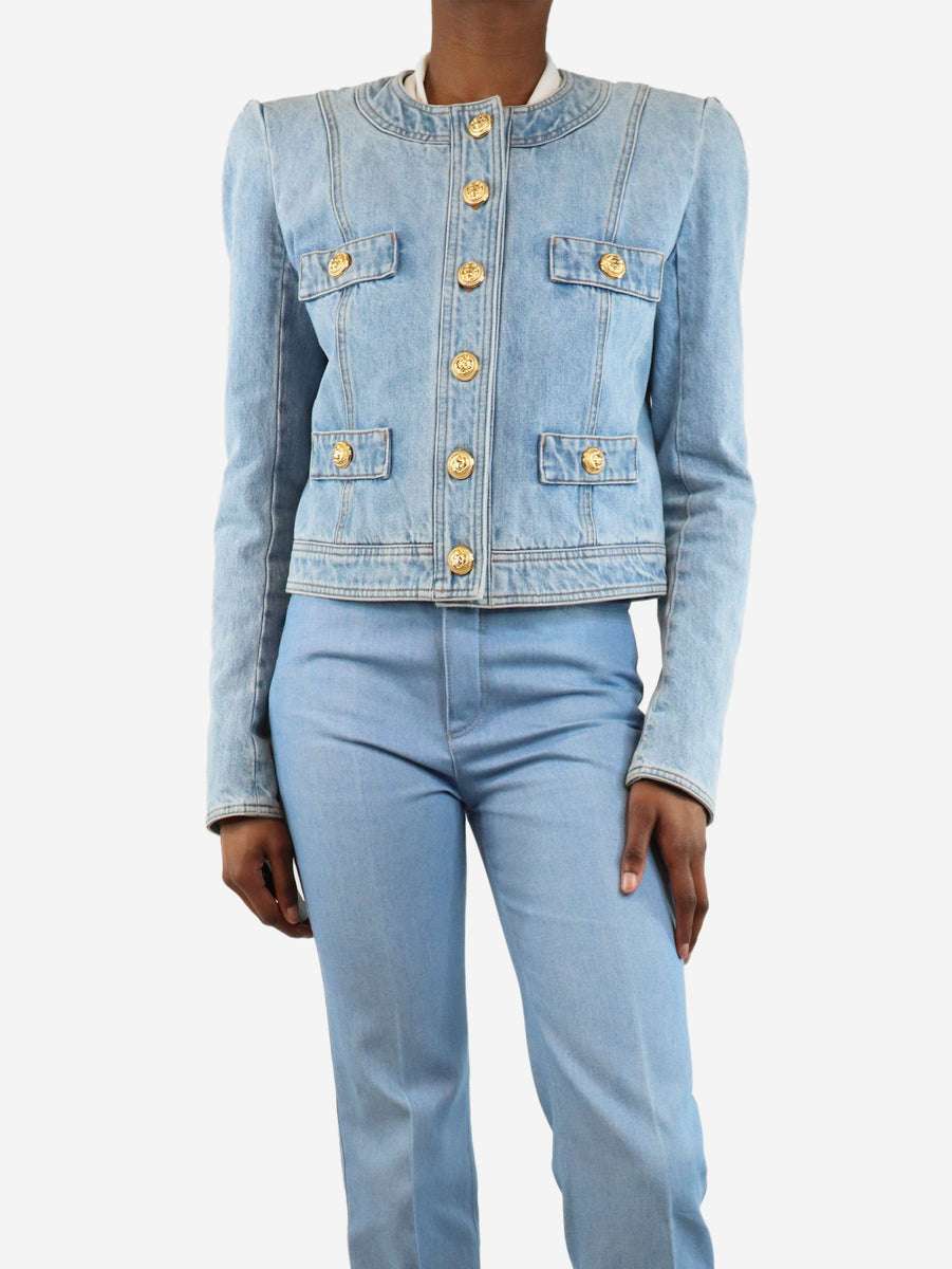 Balmain pre-owned blue denim jacket with padded shoulder - size UK 8 ...